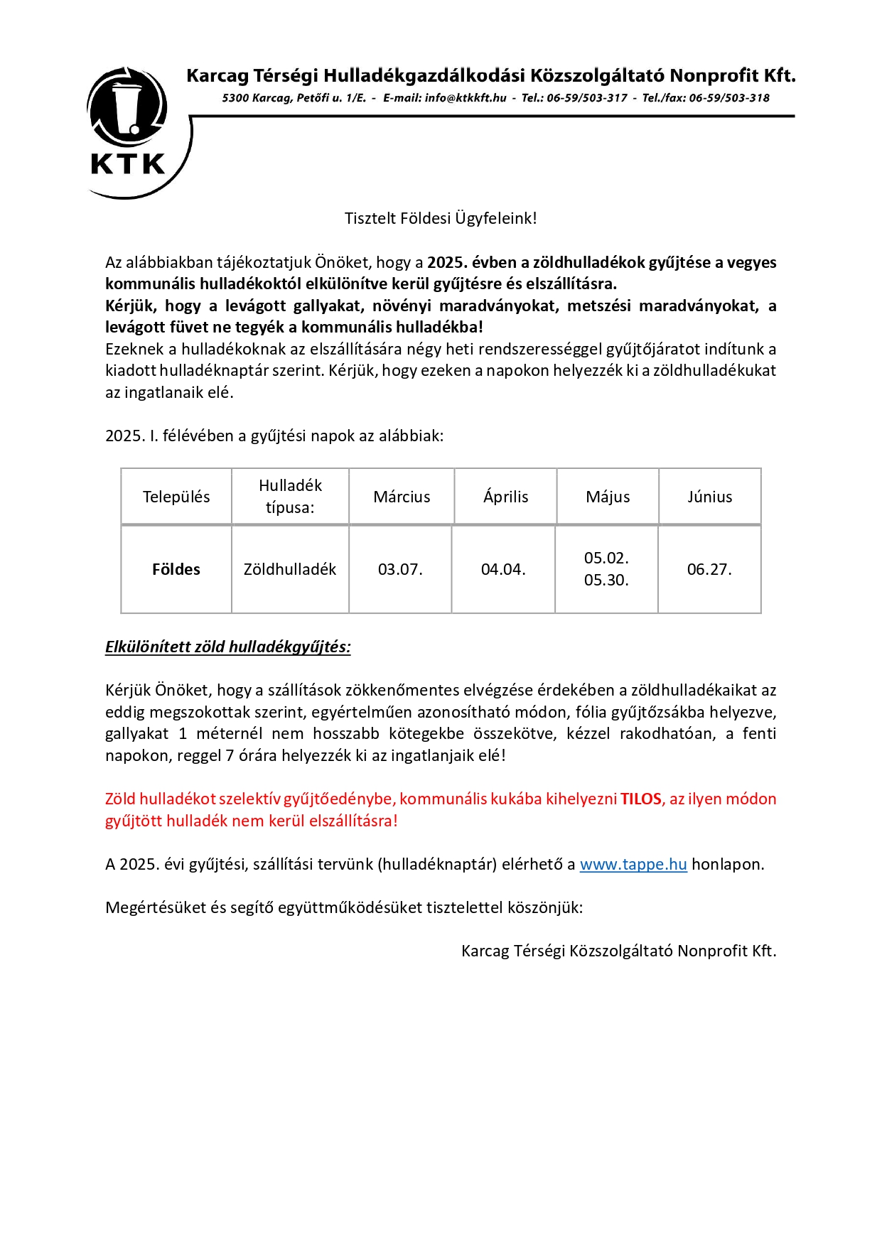 Zöldhulladék szállítási naptár-2025. I. - Földes Önkormányzata - foldes.hu